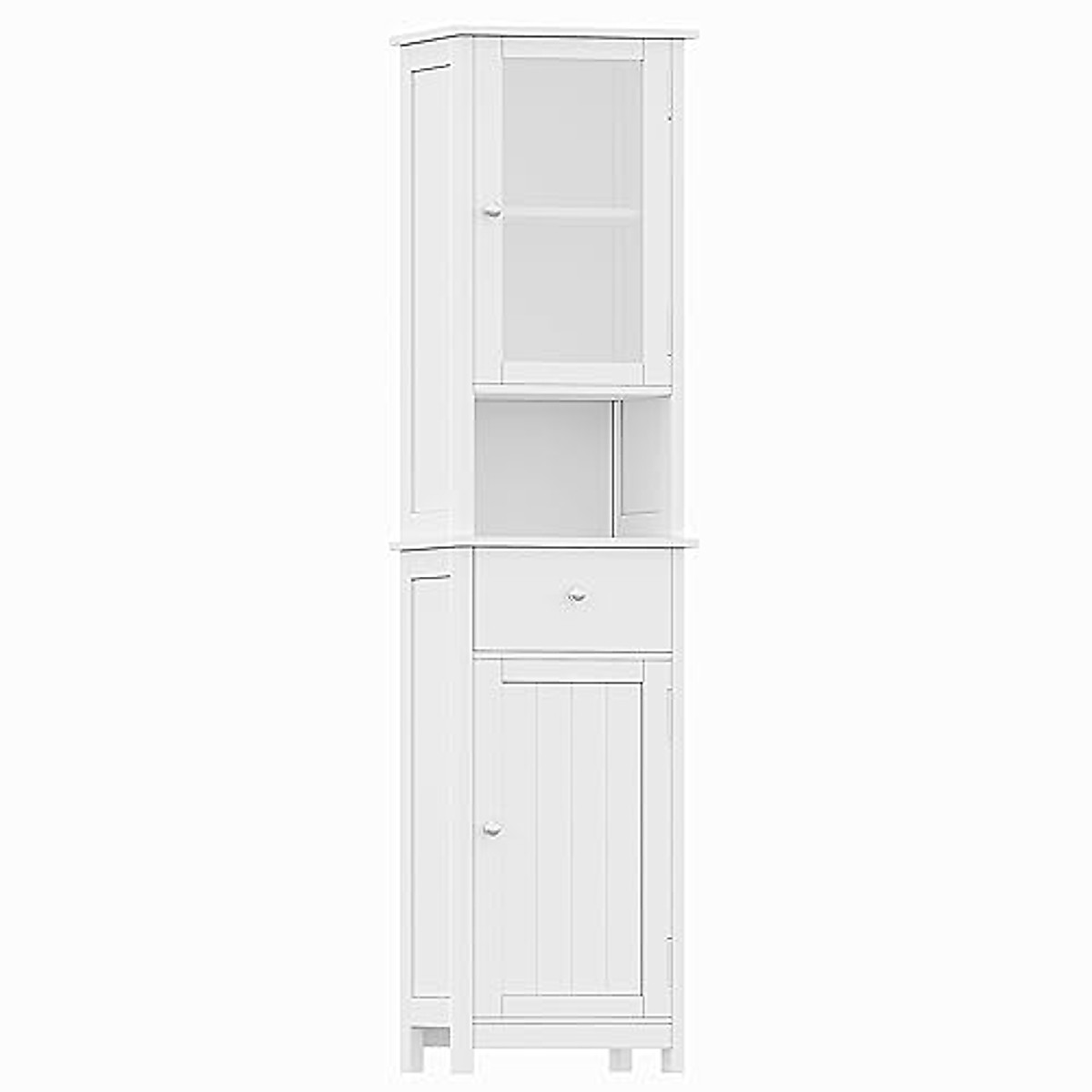 Rovaurx Tall Bathroom Floor Cabinet with Glass Doors, Narrow FreeStanding Storage Cabinet with Adjustable Shelf, Wooden Bathroom Storage Cabinet, Pantry with Drawer, White BMGZ105W