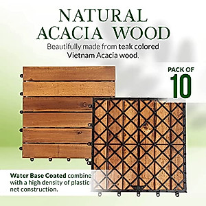 Acacia Wood Interlocking Deck Tiles for Outdoor/Indoor - (Pack of 10) 12"x12" All Weather Balcony Flooring - Snap Click Together Patio Tiles - Portable Waterproof Dance Floor Covering, Outside Walkway