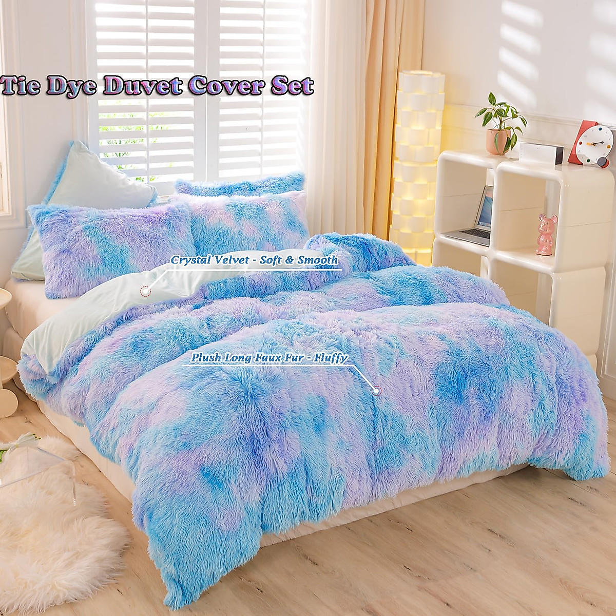 ZRNBAST Shaggy Faux Fur Duvet Cover Set Blue Purple Twin Size Bedding Sets for Girls Kids 3 Pcs Soft Fluffy Tie Dye Ombre Duvet Covers with Zipper Closure(Blue,Twin)