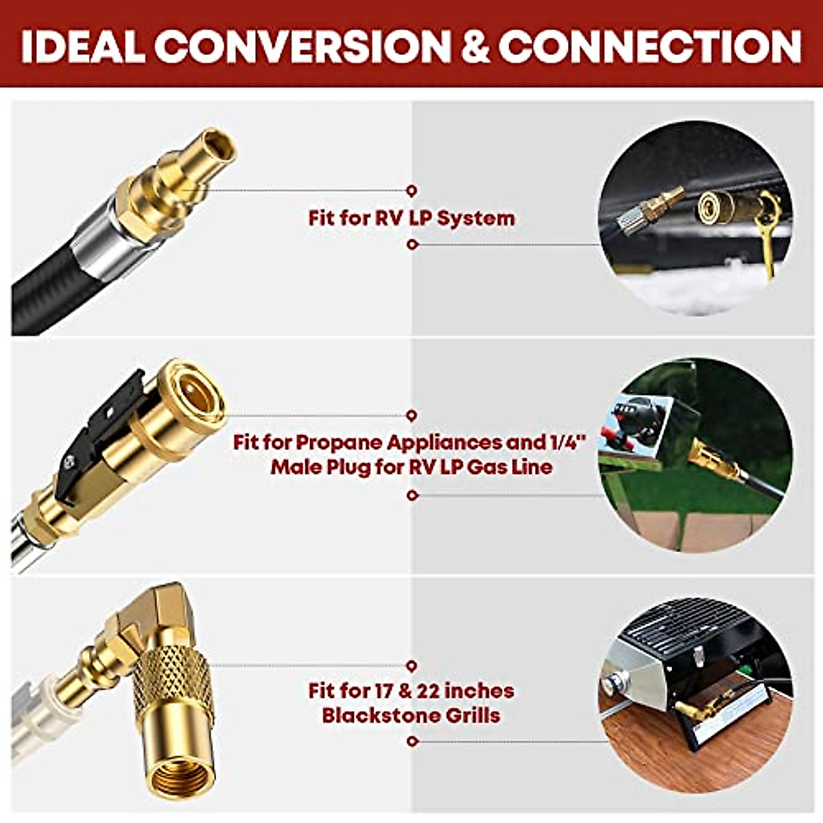 PatioGem 12 FT Quick Connect Propane Hose for RV to Grill, Propane Hose Adapter with 1/4" Shutoff Valve and 1/4" Male Full Flow Plug, LP RV Hose with Elbow Adapter for 17" and 22" Blackstone Griddles