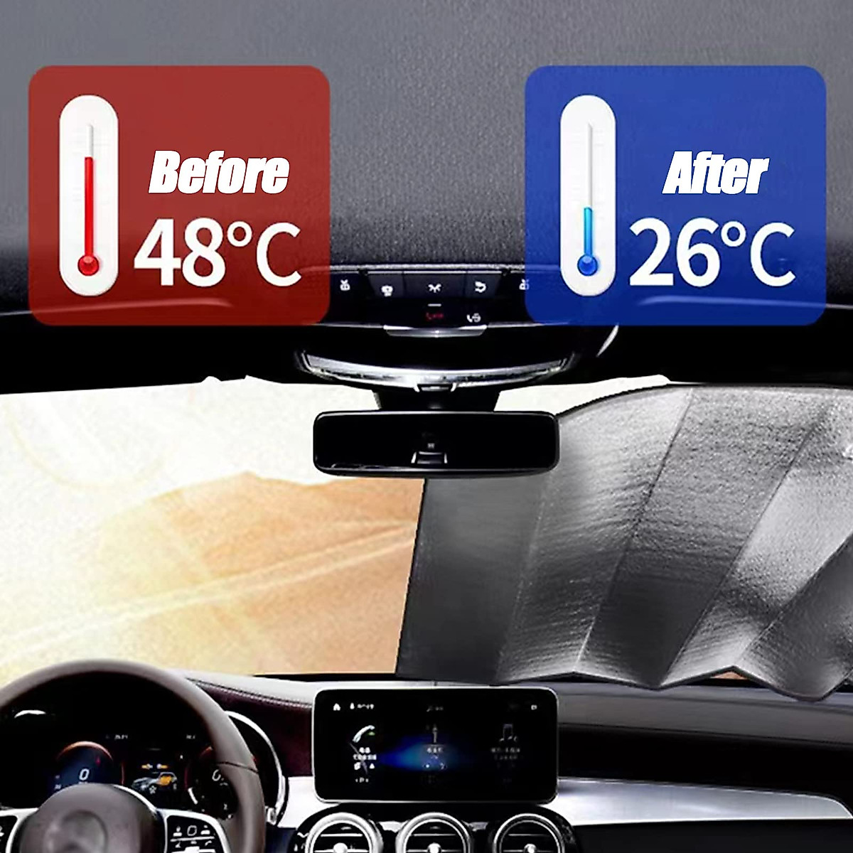 QODOLSI Pack-1 Car Windshield Sunshade, 51.1" x 23.6" Front Windshield Sunscreen Heat Shield, Front Window Sun Protector Cover, Universal for Auto SUVs UV Rays & Sun Heat Interior Protector (Silver)