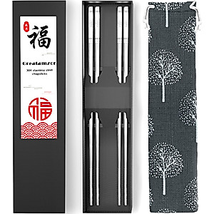 Titanium Plated Stainless Steel Chopsticks 2 Pairs Blue Silver Gift Set+ Stainless Steel Chopsticks Multipack 5 Pairs Gift Set+ Metal Steel Chopsticks Reusable with Travel Carrying Bag 2 Pairs Set