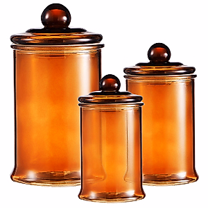KMwares 3PCs Set Small Glass Premium Quality Apothecary Jars with lids Bathroom Accessories Vanity Organizer Canisters for Cotton Balls/Swabs, Makeup Sponges, Bath Salts, Q-Tips(Brown jar)