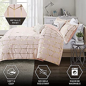 Intelligent Design Raina Comforter Microfiber Metallic Print Geometric Design Embroidered Toss Pillow Modern Trendy Casual All Season Bedding Set Matching Sham, Full/Queen, Blush/Gold 5 Piece