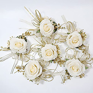 Cileruide Beige Rose Wrist Flower Corsage & Boutonniere Set for Wedding Bride Bridesmaid Groom Groomsmen Parents Suit Lapel Pin Button Hole Flower for Prom Homecoming, Tea Party, Formal Dinner
