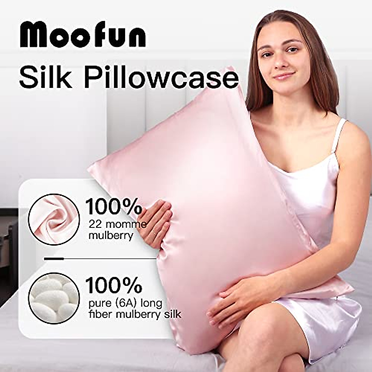 MOOFUN Silk Pillowcase- Standard Size 20 * 26 inches, 22 Momme 100% 6A High-Grade Pure Mulberry Silk reducing Wrinkles Smooth Hair Skin Anti-BedHead Anti-Aging Breathable Machine Washable-Pink