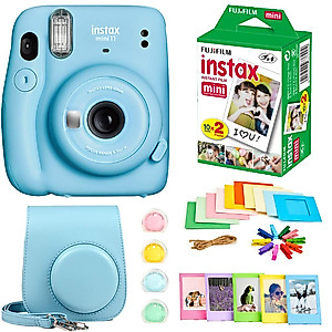 Fujifilm Instax Mini 11 Instant Camera + Instax Mini Twin Pack Film + Hanging Frames + Plastic Frames + Case + Close Up Filters - All Inclusive Bundle! (Sky Blue)