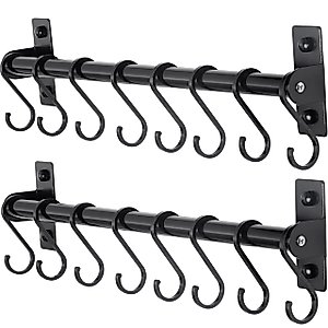 Dseap Kitchen Utensil Holder Hanger, Pot and Pan Rack wall mounted, Kitchen Rail with 8 Hooks for Hanging Cooking Utensils, Mugs, Spoons, Wall Mounted, Black, Pack of 2