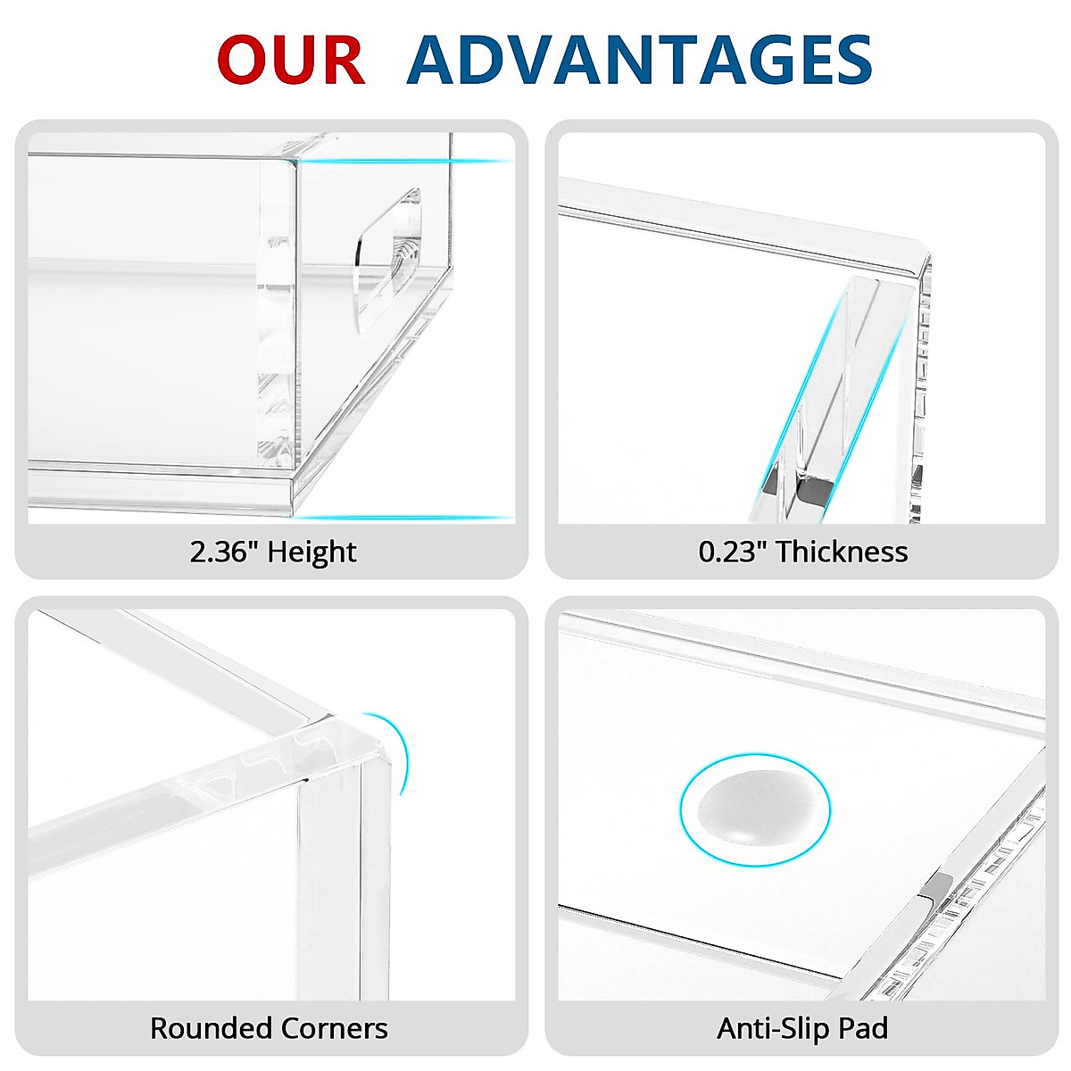 KOTEMON Acrylic Serving Tray with Handles-16x12x2.36Inch-Decorative Tray Letter Tray Organizer for Ottoman Coffee Table Countertop, Clear