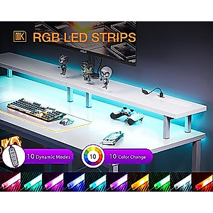 ODK 55 inch Gaming Desk with LED Lights & Power Outlets, Computer Desk with Monitor Stand & Storage Sheves, CPU Stand, Home Office Desk White