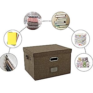 JSungo File Box with 5 Hanging Filing Folders, Document Organizer Storage for Office, Collapsible Linen Storage Box with Lids, Home Portable Storage with Handle, Letter Size Legal Folder, Brown