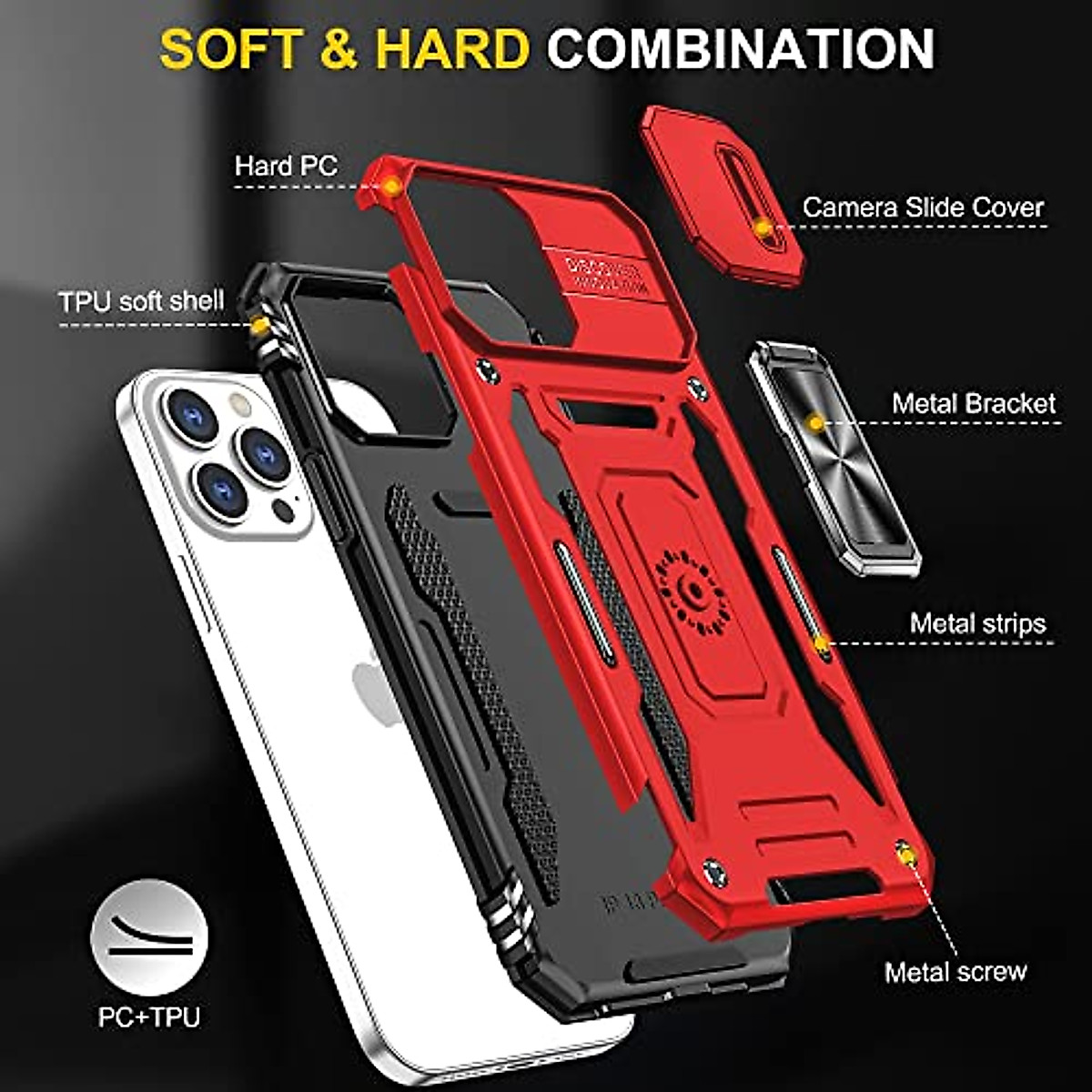 2023 NEW CASE for iPhone 13 Pro Max Case with Stand & Camera Cover Slide,Built-in 180°+360° Rotate Ring Kickstand,Shockproof Military Grade Drop Protective Phone Cover iPhone 13 Pro Max Case Red