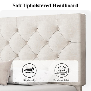 HOMBCK Queen Bed Frame with Headboard, Linen Fabric Upholstered Bed Frame Queen, Wood Slats Support, Button Tufted, No Box Spring Needed, White
