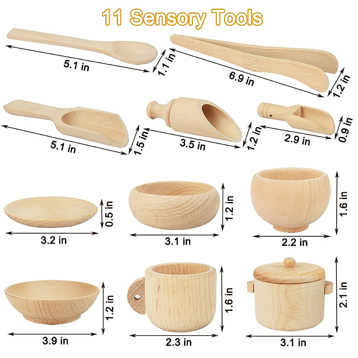 12 Pcs Wooden Sensory Bin Tools, 1 Wooden Box + 11 Sensory Tools for Toddlers & Preschool Children, Montessori Sensory Wooden Toys Fine Motor Learning Pretend Play for Kids