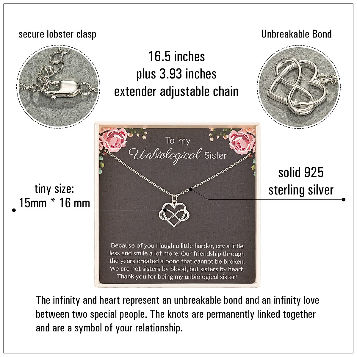 RareLove Gifts for Sister in Law,Unbiological Sister Necklace Gift For Best Friend,925 Sterling Silver Tiny Infinity Heart Necklaces for Women Friendship,Best Friend Necklace