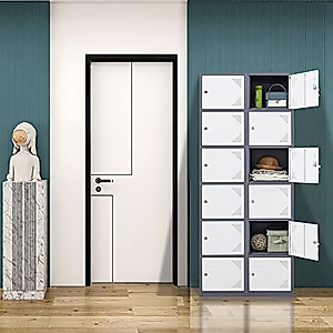 Metal Lockers for Employees - 71" Storage Locker Cabinet Large Employee Lockers with 6 Doors - 6 Tier Steel Lockers for Kids Bedroom, Gym, School, Office, Garage (6 Doors, White Grey)