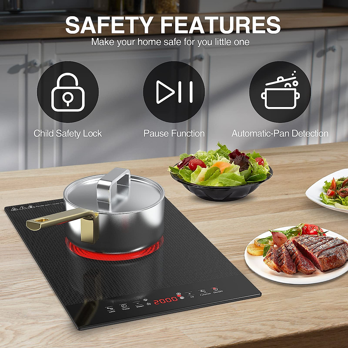 Electric Cooktop 110V, Portable Electric Stove Top 2000W Plug in, Single Burner Electric Cooktop 12 inch, 9 Power Levels, Kids Lock &Timer,Built in Electric Hot Plate