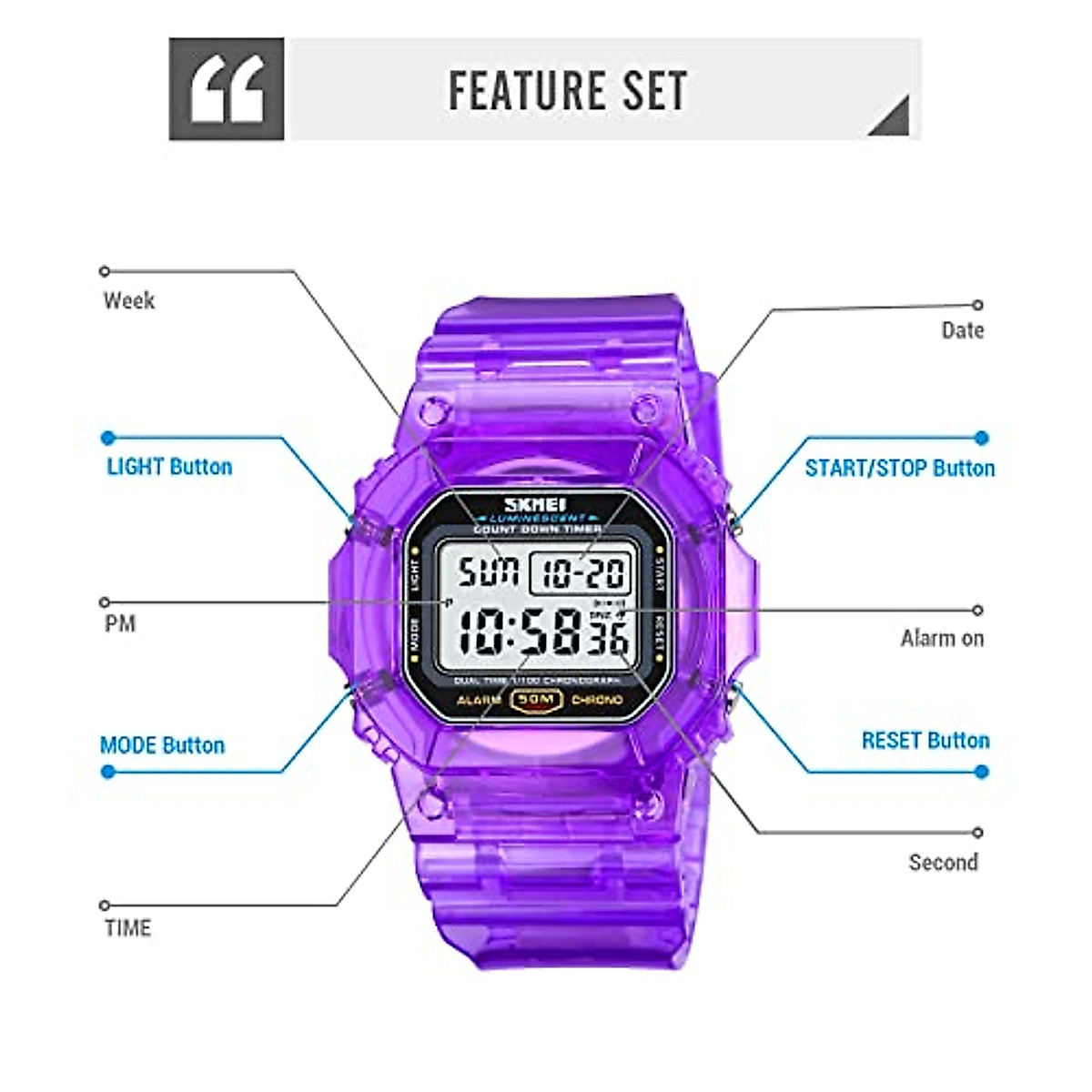 Gosasa Outdoor Sport Unisex Watches Back Light Digital Watches Transparent Multifunctional Wristwatch Casual Style Stopwatch Date 5Bar Waterproof (Purple)