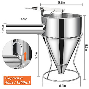 Pancake Batter Dispenser 40 OZ, Multi-Caliber Stainless Steel Funnel Cake Dispenser with Stand Great for Pancakes, Cupcakes and Baked Goods