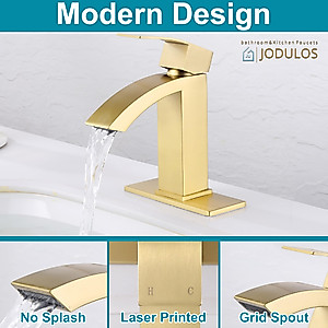 Jodulos Gold Bathroom Faucet, Waterfall Bathroom Sink Faucet with cUPC Supply Hose and Pop Up Drain, Single Handle Single Hole Modern Faucet for Bathroom Vanity