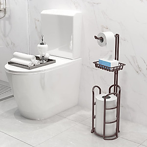 Toilet Paper Holder Stand with Reserve and Dispenser for 4 Mega Roll, Bathroom Freestanding Toilet Tissue Storage with Shelf for Wipes and Phone, Bronze