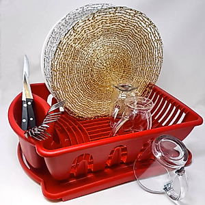Sturdy Hard Plastic Red Sink Set Dish Rack with Drainer & Drainboard, Easy to Clean with Snap Lock Tab Cup Holders for Home Kitchen Sink Organizer (Red, Medium)