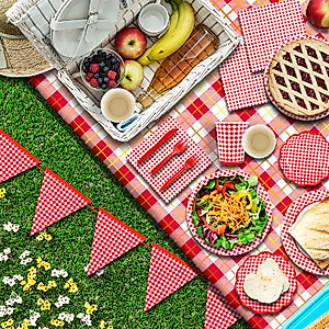 Gatherfun Gingham Red and White Party Supplies Disposable Paper Plates Napkins Cups Knives Spoons Forks Tablecloth Banner for Birthday Party Family Dinner Picnic Barbecue Mother's Day Party, Serve 25