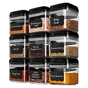 Shazo 9 PC Airtight Food Storage Containers + 9 Spoons - BPA Free Clear Plastic Snack & Spice Containers with Easy Lock Lids - Kitchen and Pantry Organization for Herbs, Coffee, Tea - 0.5L / 2.1 Cups