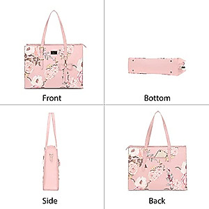 MOSISO Laptop Tote Bag Compatible with MacBook Air 15 inch M2 A2941/Pro 16 M3 M2 M1, 15-15.6 inch Notebook, Peony PU Leather Travel Work Briefcase with Detachable Bowknot & Small Purse, Pink
