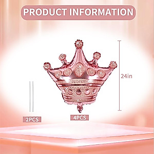 TONIFUL 4 Pcs Crown Balloons 24 Inch Rose Gold Crown Shaped Foil Mylar Balloons for Anniversary,Baby Shower,Wedding,Girls Birthday Decorations,Princess Themed Party Supplies