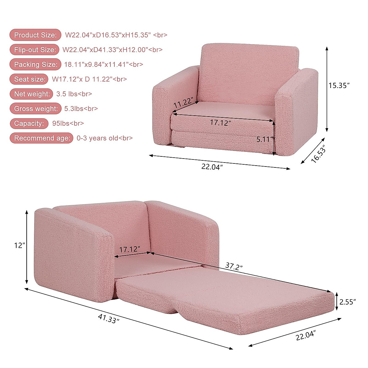 Flip Out Foam Kid Sofa Chair,2 in 1 Convertible Sofa to Lounger for Childrens up to 3 Years,Sherpa Flip Open Toddler Sofa Couch for Kid Play， for Baby Gifts (22.04" W) (Pink)