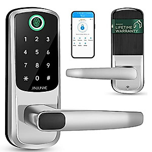 Door Locks with Keypads, JINJUNYE Digital Door Lock, keypad Door Knob 5-in-1 Keyless Entry Door Lock, Fingerprint, Smart Lock Handle for Home Office Apartment, Silver