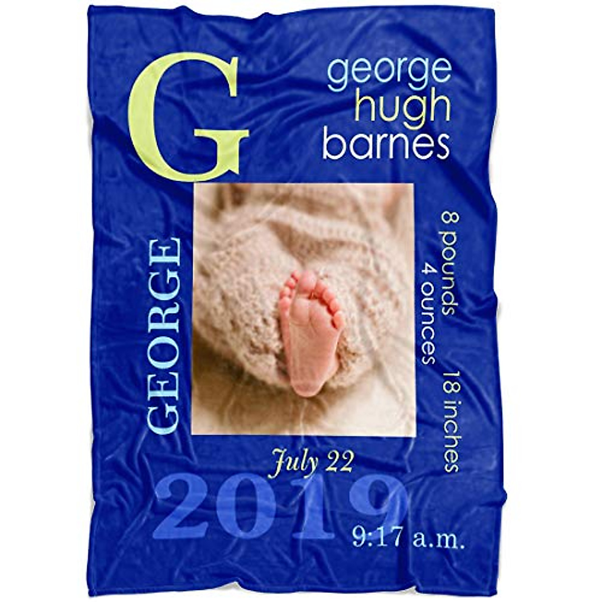 Personalized Baby Photo Newborn Blanket with Birth Information for Girls and Boys. Customized Name Blanket from Baby's Name, BirthDate, Weight. Gift for New Born Baby, New Dad Mom Grandma (Blue)