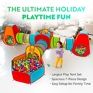 Playz 7pc Kids Play Tent with 1 Big Ball Pit for Babies, 3 Play Tunnel for Toddlers, and 3 Pop Up Tents Playhouse Bundle, Best Birthday Gift for Boys & Girls, Indoor & Outdoor Use Portable Play Center