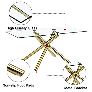 63 Inch Glass Dining Table,4-6 Person Home Dining Table Large Size Kitchen and Dining Room Table with Tempered Glass top and Gold Metal Legs, Modern Rectangular Dining Table (Gold Legs