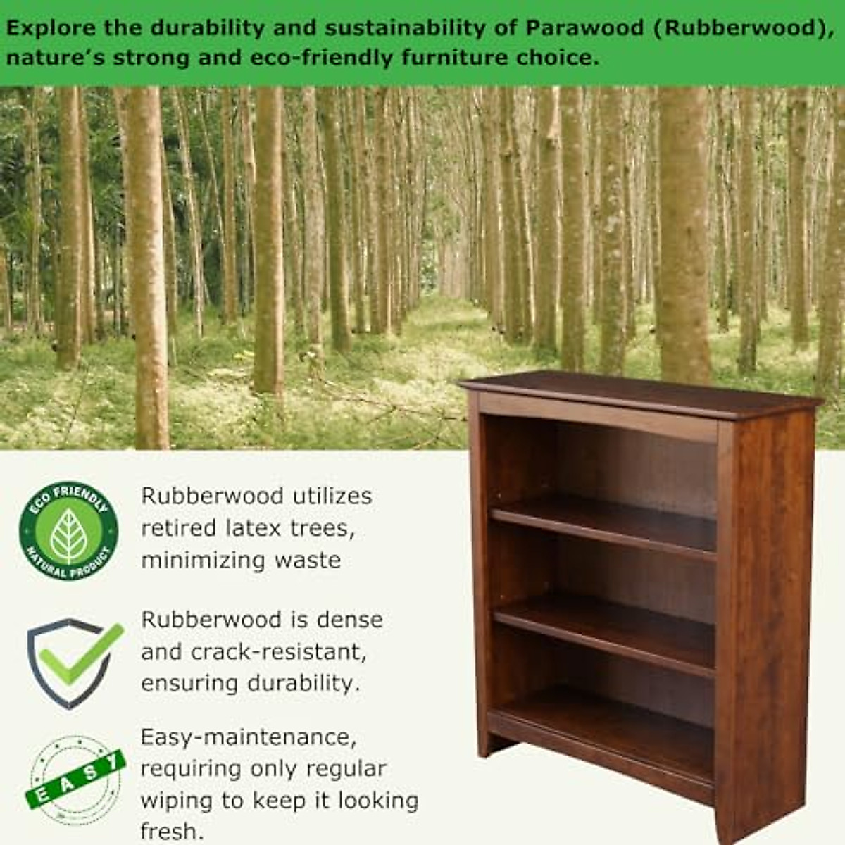 IC International Concepts Shaker Bookcase 36" H Solid Sturdy Real Parawood Furniture, Eco-Friendly, Three Adjustable Shelves, 36 Inch, Espresso