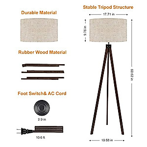 LEPOWER Wood Tripod Floor Lamp, Mid Century Standing Reading Light for Living Room, Bedroom, Study Room and Office, Modern Design, Flaxen Shade with E26 Base (Walnut)