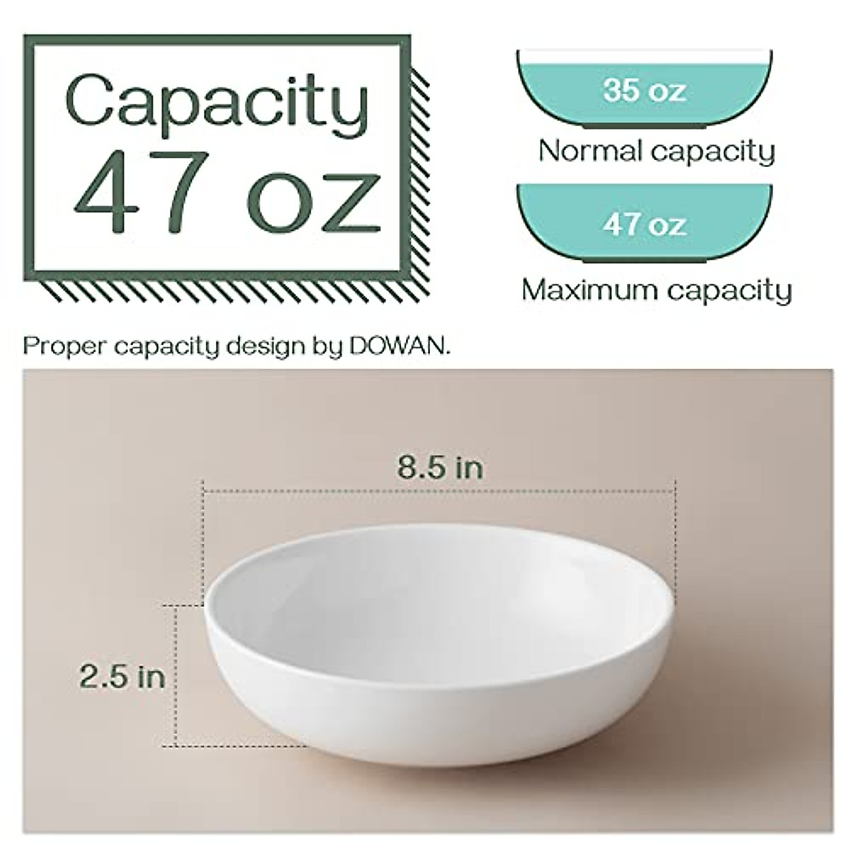 DOWAN Large Pasta Bowls, 47 Ounce Extra Deep Soup Bowls and Salad Serving Bowls, 8.5 x 2.5 Inches Ceramic Pasta Plates, Pasta Bowls Set of 4, White