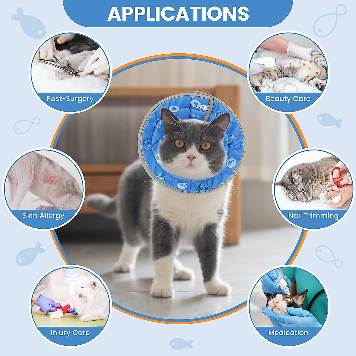 IDOGCHEW Cat Cone Collar Soft, Cat Cones to Stop Licking, Adjustable Cat Cone Water Resistant, Foldable, Adjustable, Lightweight (Blue Fish, Small)
