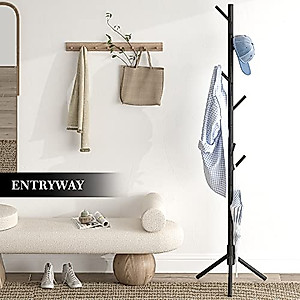 NicQliear Wooden Freestanding Coat Rack with 9 Hooks, Adjustable Coat Rack Stand 69.3" to Hang Clothes/Bags/Hats, Standing Coat Tree Perfect for Bedroom/Entryway/Hallway, Easy Assembly, Black