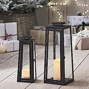 Lights4fun, Inc. Set of 2 Black Metal Battery Operated 15" & 12" Tall LED Flameless Candle Lanterns Lights for Indoor Outdoor Use