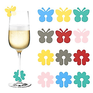 PENTA ANGEL Wine Glass Marker 12Pcs Reusable Silicone Colorful Butterfly & Flower Drink Wine Cup Bottle Identifiers Label Tag for Bar Party Champagne Flutes Cocktails Martinis Tasting