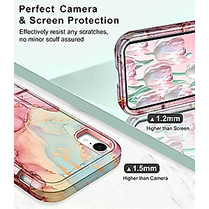 Btscase Compatible with iPhone XR Case, [5 in 1] with 2 Pack Screen Protector + 2 Pack Camera Lens Protector, Stylish Marble Full Body Three Layer Rugged Shockproof Protective Cover, Rose Gold
