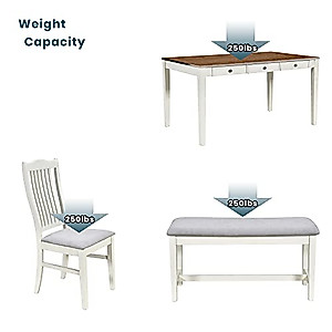 SIYSNKSI Mid-Century 6-Piece Dining Table Set with 4 Upholstered Dining Chairs and Bench, Wood Rectangular Dining Table with Drawer for Kitchen Living Room, Dining Table Set for 6 (Butter Milk+Grey)