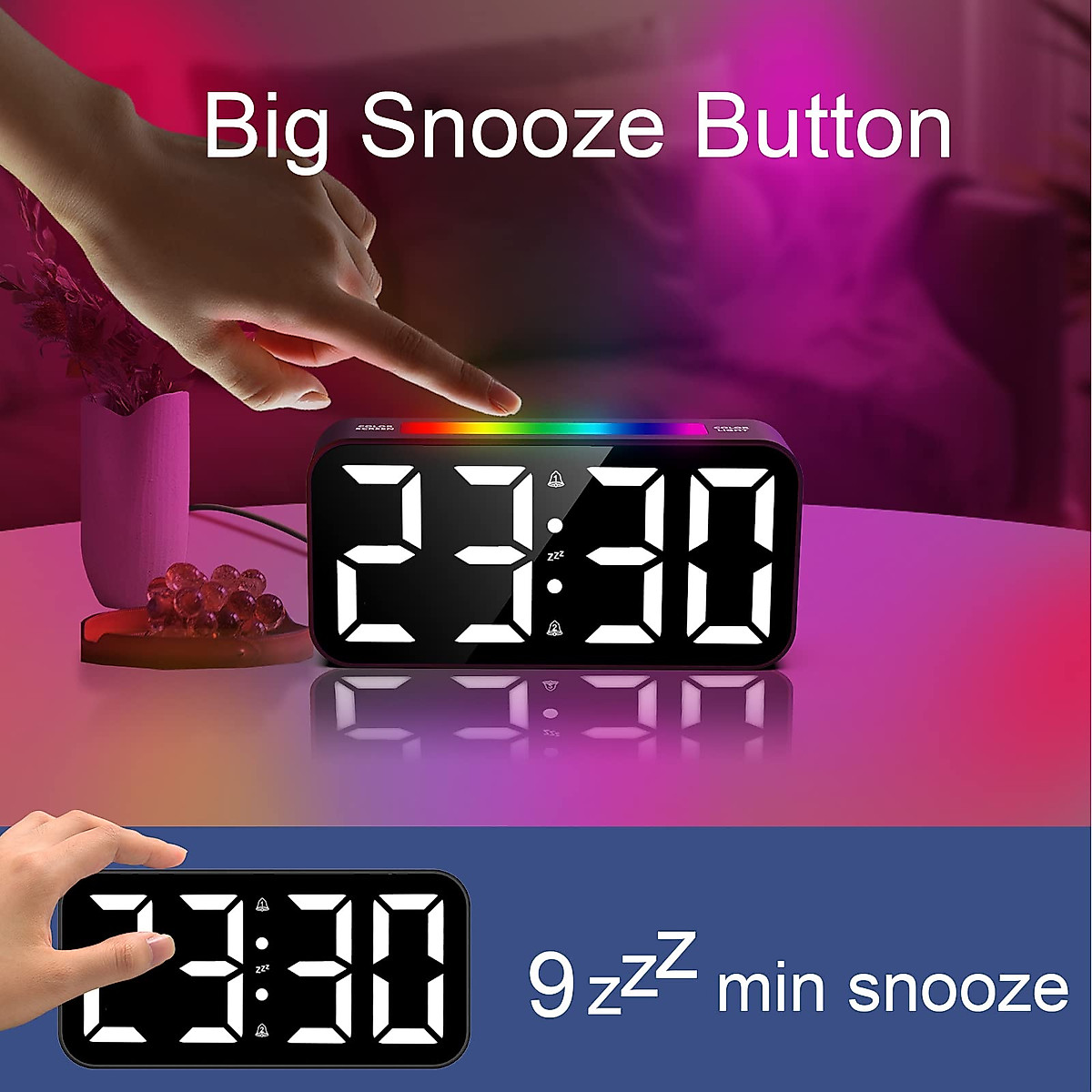 Topski Alarm Clocks for Heavy Sleepers, Vibrating Alarm Clock with Bed Shaker, Night Light, Large Display, Dimmable Loud Clock for Adults Hearing Impaired Deaf Seniors Teens (RGB)