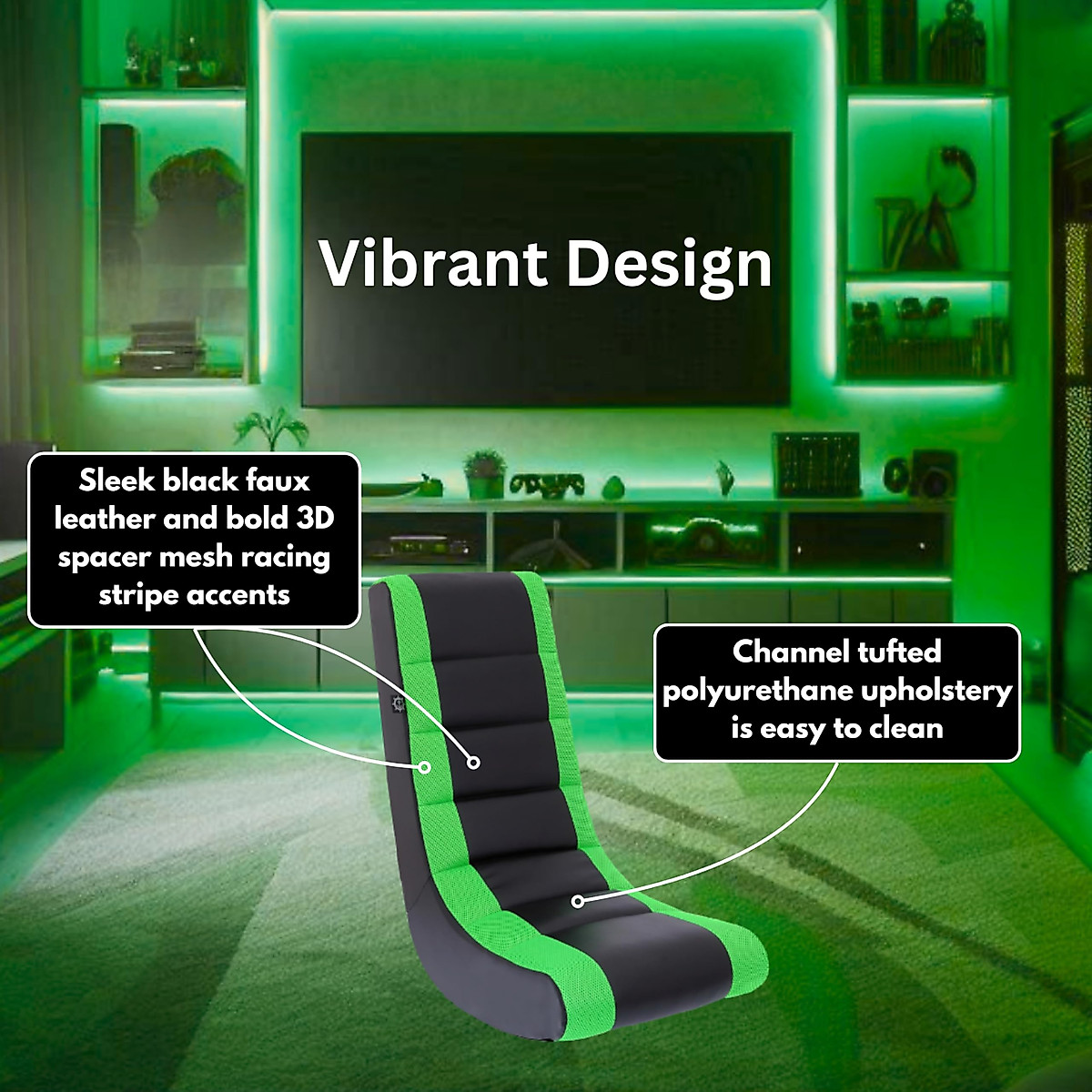 The Crew Furniture Classic Video Rocker Floor Gaming Chair, Kids and Teens, Racing Stripe PU Faux Leather & Polyester Mesh, Black/Green