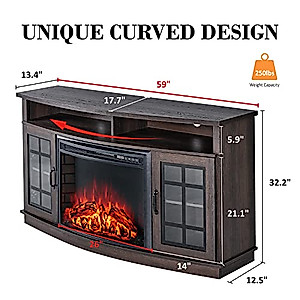 LUXOAK 59" Curved Fireplace TV Console, Entertainment Center Table with Open Shelves and Farmhouse Glass Door Media TV Cabinet Stand for TVs up to 65 Inches, Dark Walnut