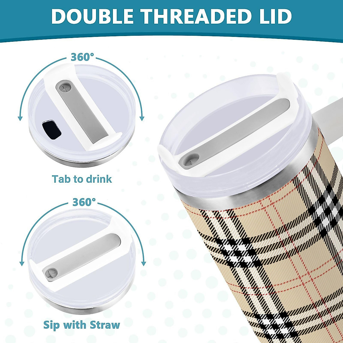 Tartan Plaid Khaki Black 40 oz Tumbler with Handle and Straw Lid, Insulated Coffee Cup Reusable Stainless Steel Water Bottle Travel Mug Cupholder Friendly,Gifts for Women Men