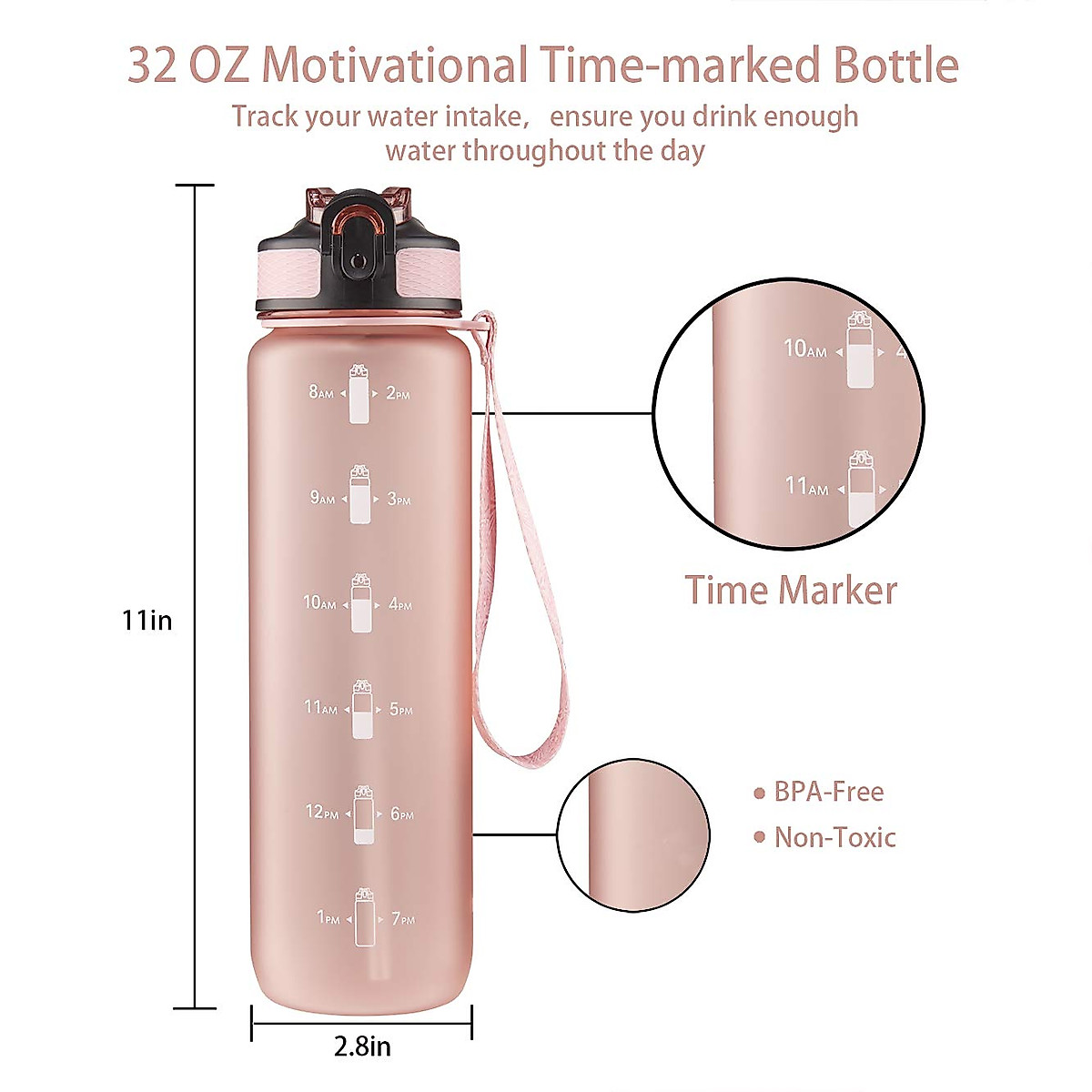 EYQ 32 oz Water Bottle with Time Marker, Carry Strap, Leak-Proof Tritan BPA-Free, Ensure You Drink Enough Water for Fitness, Gym, Camping, Outdoor Sports (Rose Pink)
