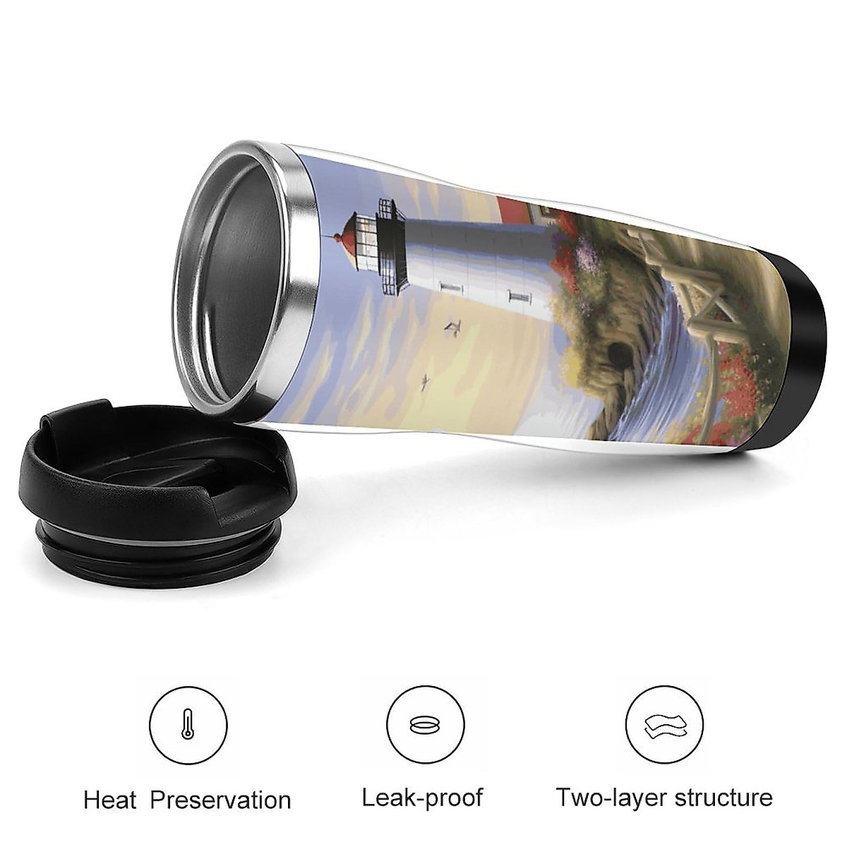 Lighthouse Travel Coffee Mug 12.85oz Insulated Coffee Tumbler 304 Stainless Steel Thermos for Travel Fitness Outdoor Activities Coffee Shop Office Home